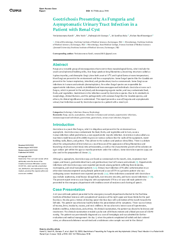 (PDF) Geotrichosis Presenting As Funguria and Asymptomatic Urinary ...
