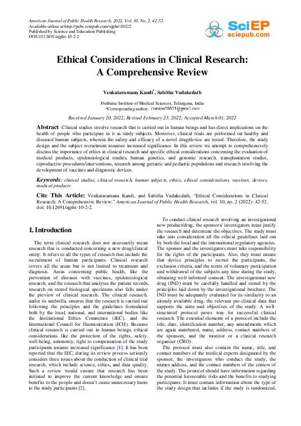 (PDF) Ethical Considerations in Clinical Research: A Comprehensive Review