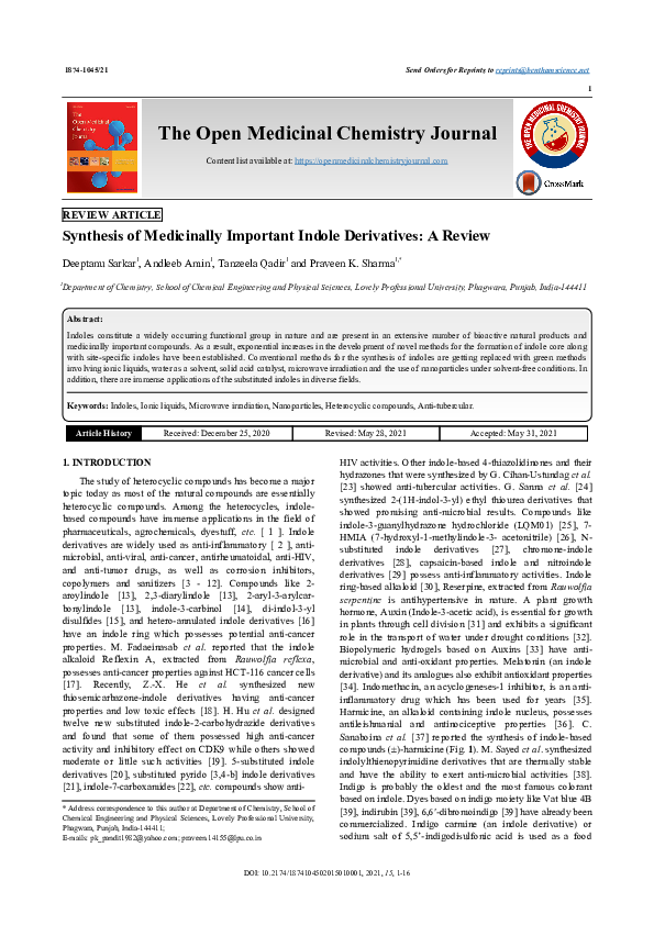 (PDF) Synthesis of Medicinally Important Indole Derivatives: A Review
