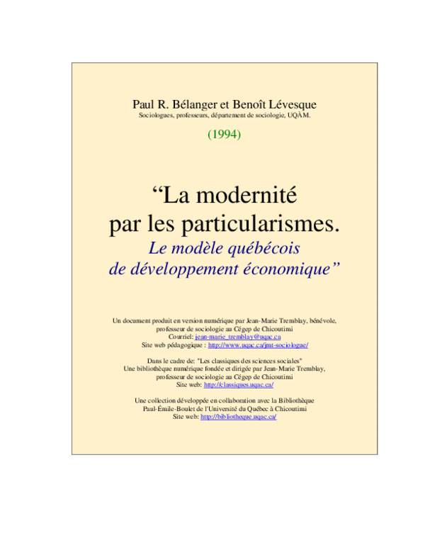 (PDF) Modernité Par Les Particularismes | benoit levesque - Academia.edu