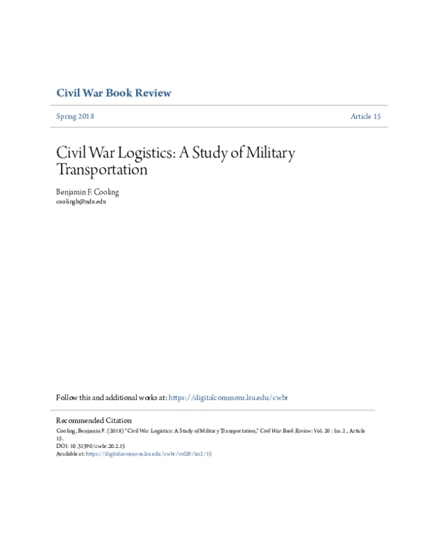 (PDF) Civil War Logistics: A Study of Military Transportation by Earl J ...