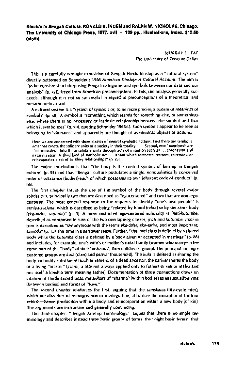 (PDF) Kinship in Bengali Culture. RONALD B. INDEN and RALPH W. NICHOLAS