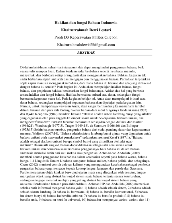 (PDF) Hakikat dan fungsi Bahasa Indonesia