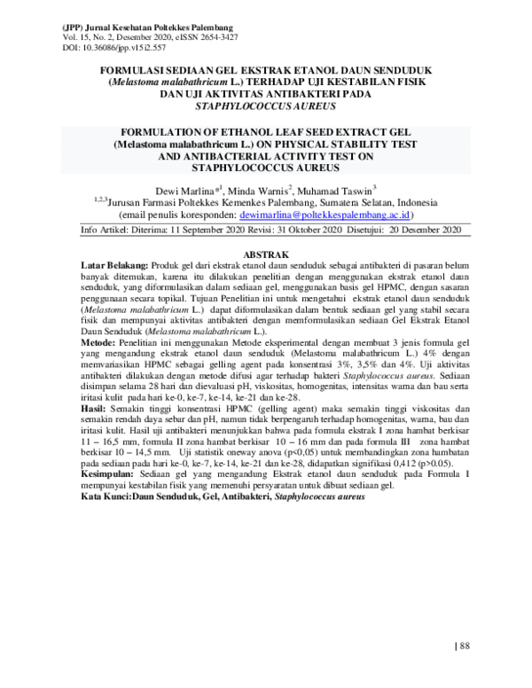 (PDF) FORMULASI SEDIAAN GEL EKSTRAK ETANOL DAUN SENDUDUK (Melastoma malabathricum L.) TERHADAP ...