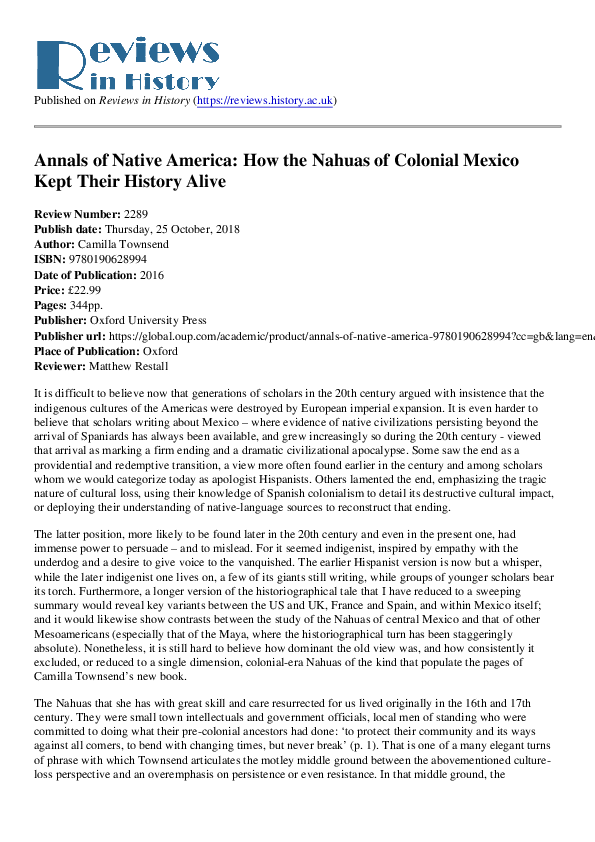 (PDF) Review of 'Annals of Native America: How the Nahuas of Colonial ...