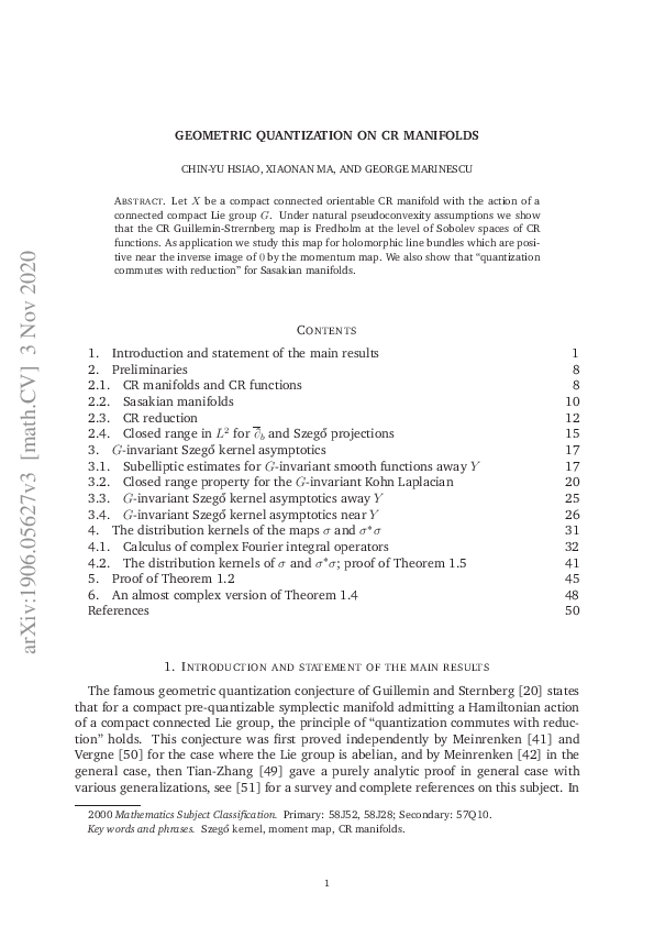(PDF) Geometric quantization on CR manifolds