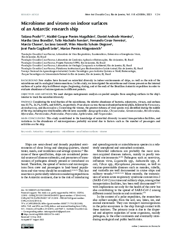 Pdf Microbiome And Virome On Indoor Surfaces Of An Antarctic Research Ship