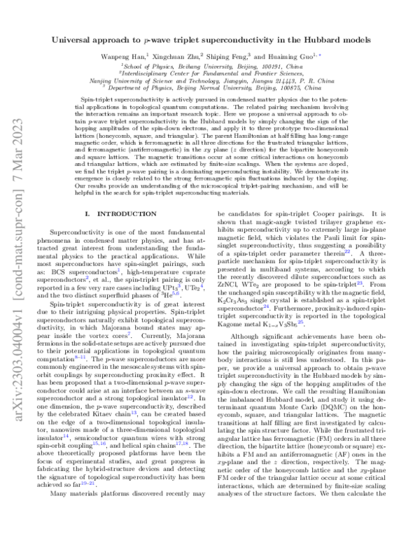 (PDF) Universal approach to p-wave triplet superconductivity in the Hubbard models | Shiping ...