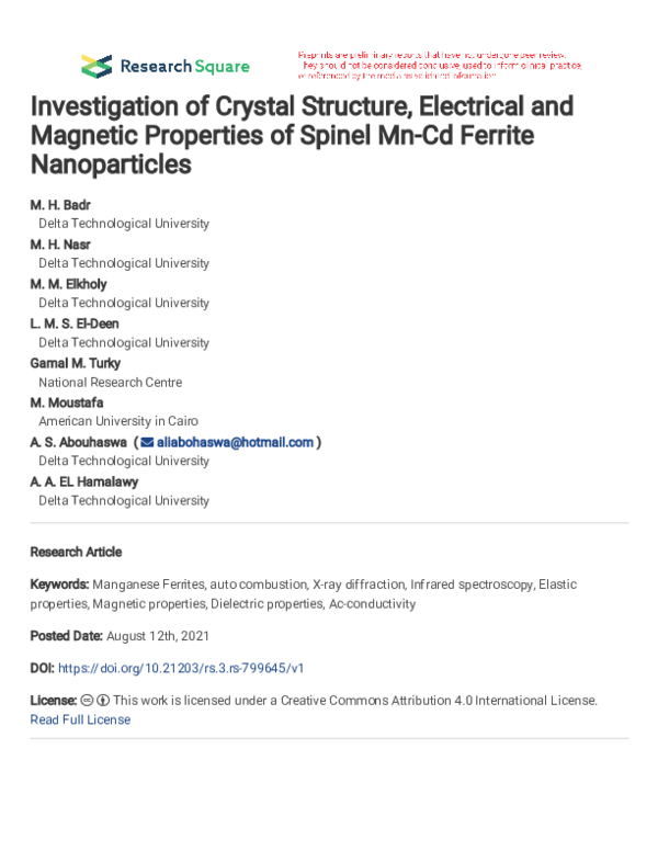 (PDF) Investigation of Crystal Structure, Electrical and Magnetic Properties of Spinel Mn-Cd ...