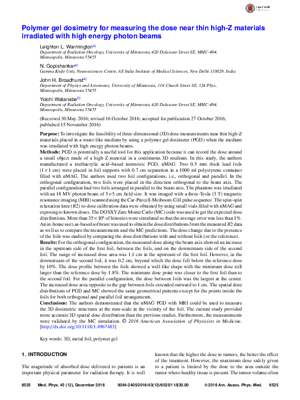 (PDF) Polymer gel dosimetry for measuring the dose near thin high-Z ...