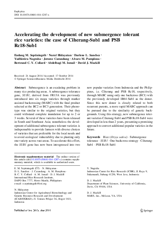 (PDF) Accelerating the development of new submergence tolerant rice ...