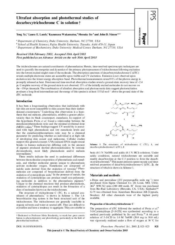 (PDF) Ultrafast absorption and photothermal studies of decarboxytrichochrome C in solution