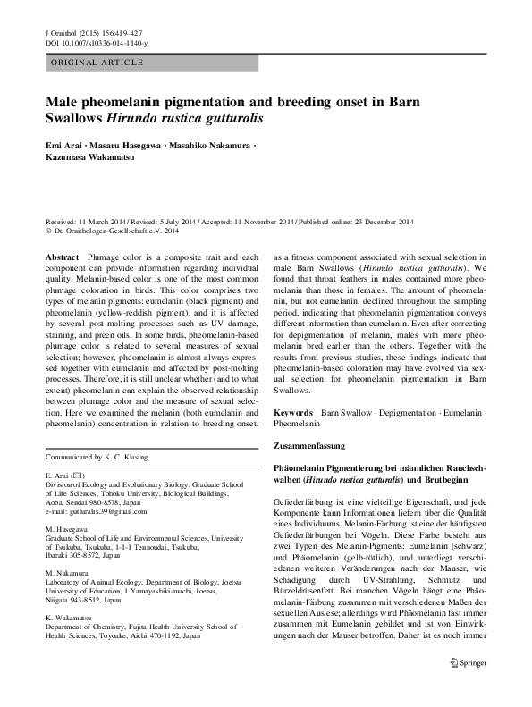 (PDF) Male pheomelanin pigmentation and breeding onset in Barn Swallows ...