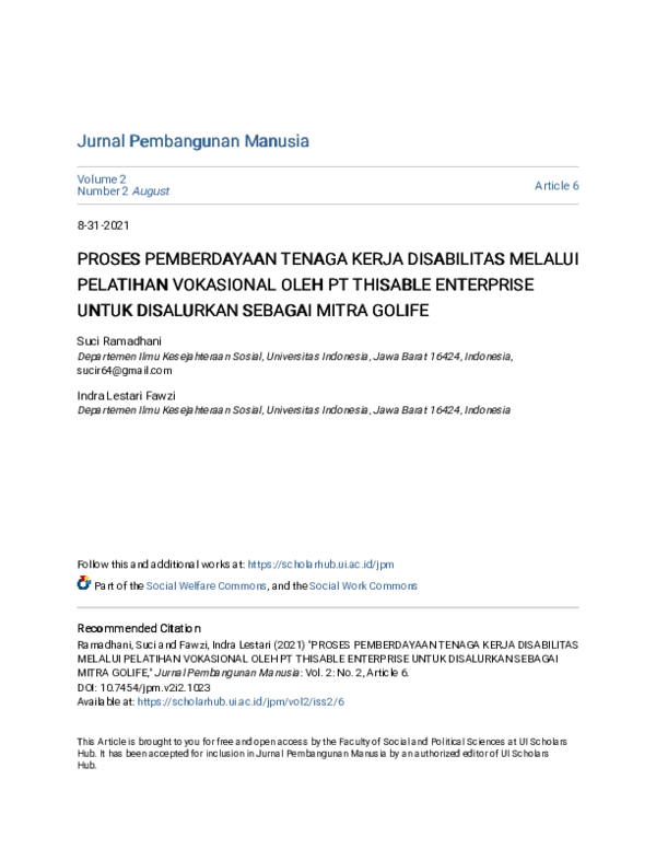 (PDF) Proses Pemberdayaan Tenaga Kerja Disabilitas Melalui Pelatihan Vokasional Oleh PT Thisable ...