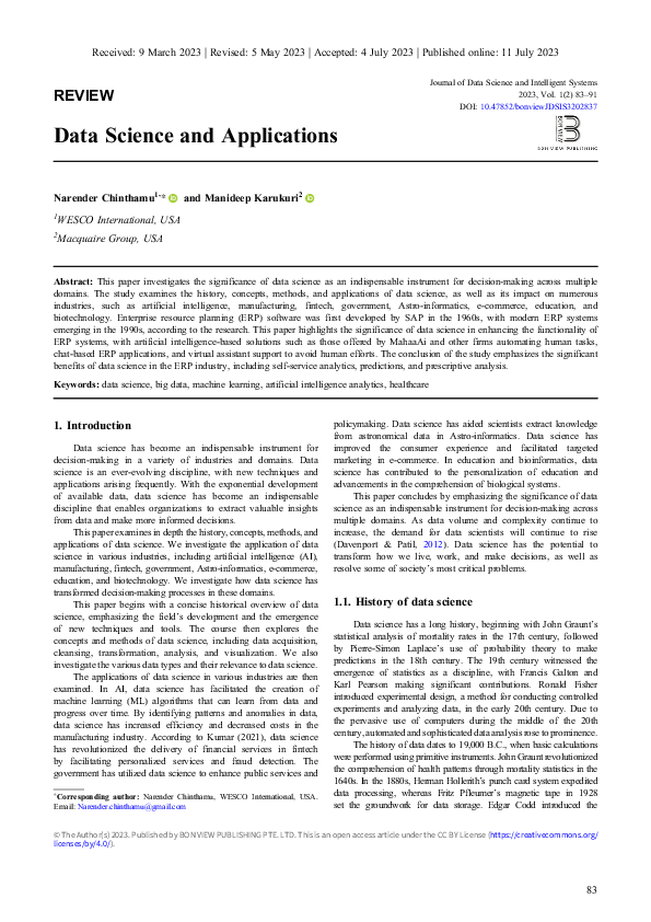 (PDF) Data Science and Applications