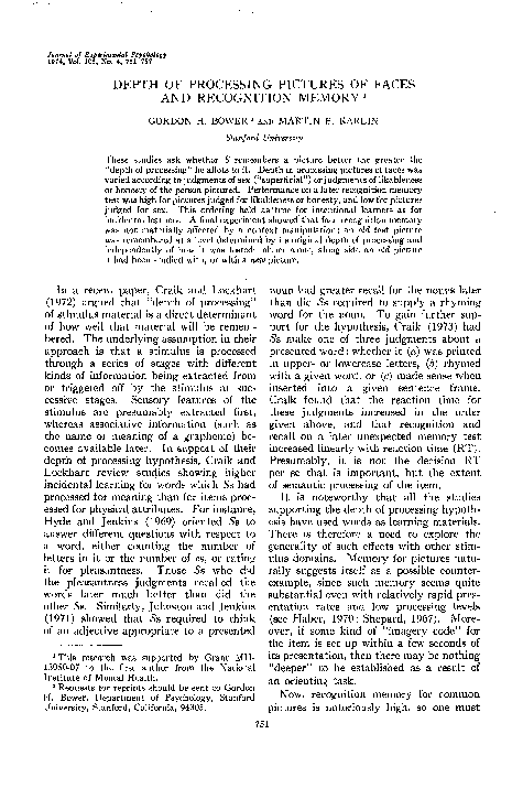 (PDF) Depth of processing pictures of faces and recognition memory
