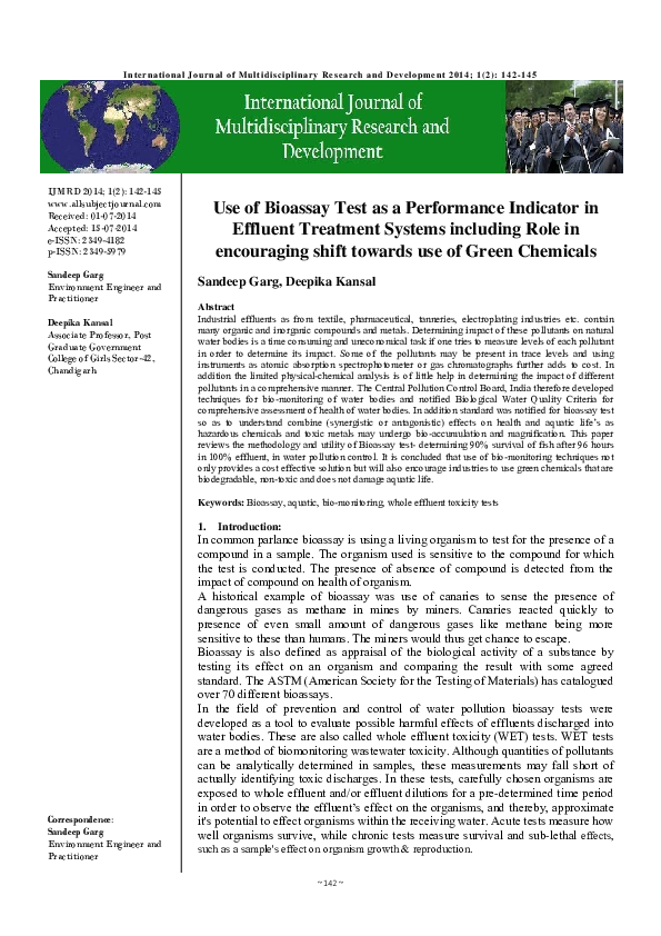(PDF) Use of Bioassay Test as a Performance Indicator in Effluent ...