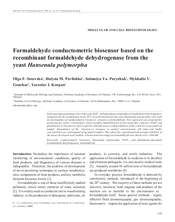 (PDF) Formaldehyde conductometric biosensor based on the recombinant ...