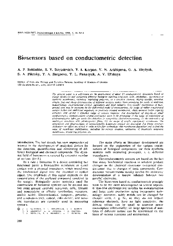 (PDF) Biosensors based on conductometric detection | Yaroslav Korpan ...
