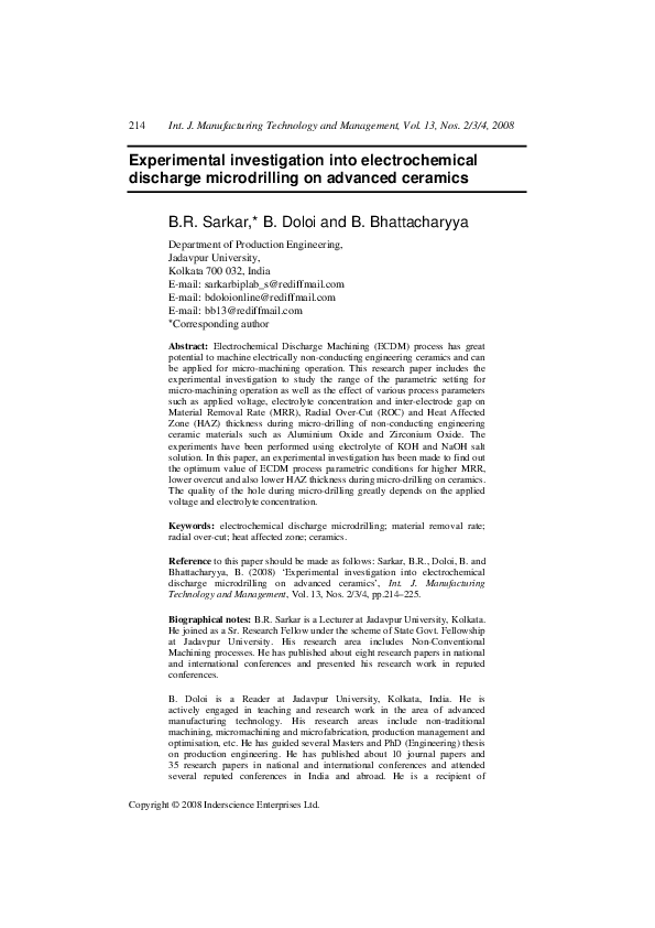 (PDF) Experimental investigation into electrochemical discharge ...