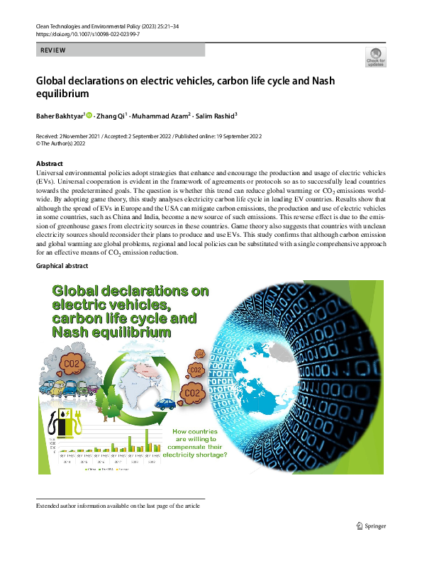 Pdf Global Declarations On Electric Vehicles Carbon Life Cycle And Nash Equilibrium Salim
