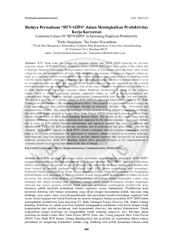 (PDF) Corporate Culture Of “BTN SIIPS” in Increasing Employee Productivity