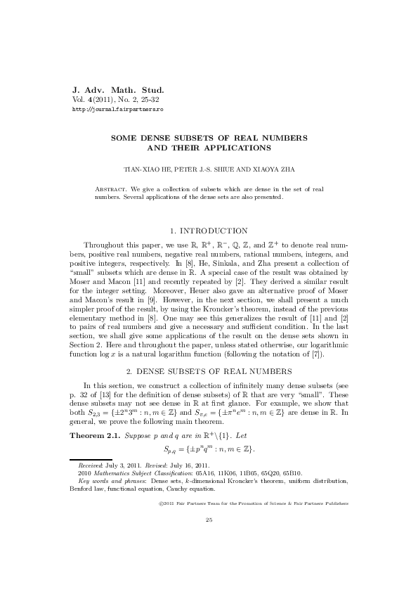 (PDF) Some Dense Subsets of Real Numbers and Their Applications