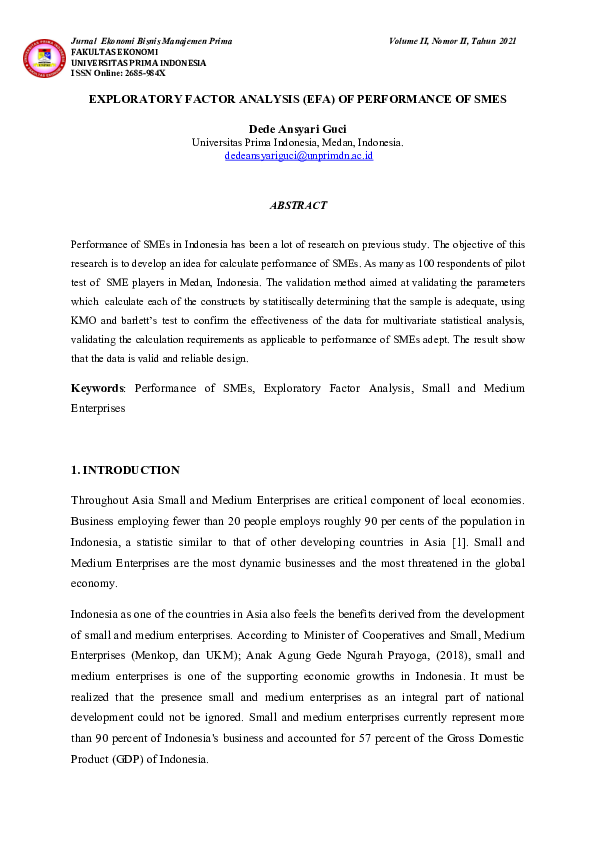 (PDF) Exploratory Factor Analysis (Efa) of Performance of Smes