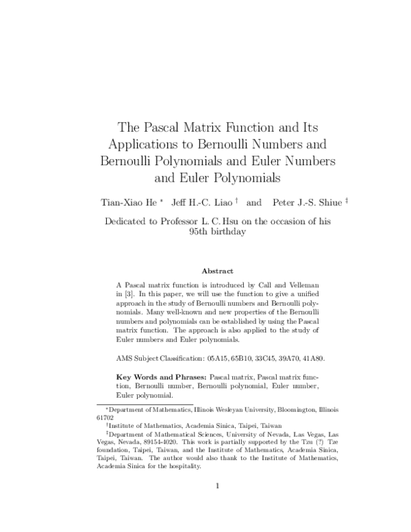 (PDF) The Pascal Matrix Function and Its Applications to Bernoulli ...
