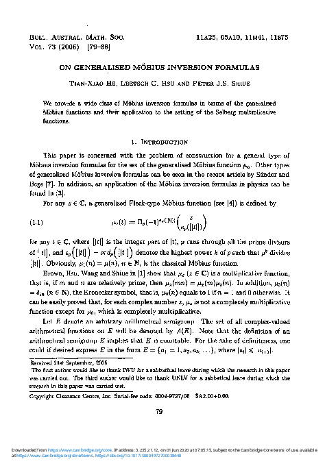Pdf On Generalised Möbius Inversion Formulas