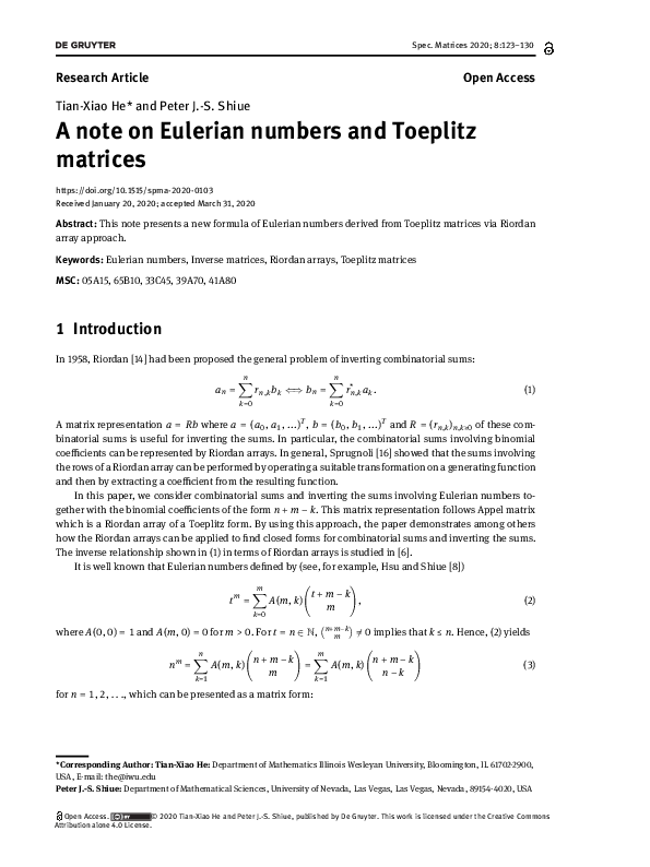 (PDF) A note on Eulerian numbers and Toeplitz matrices | Tian-Xiao He - Academia.edu
