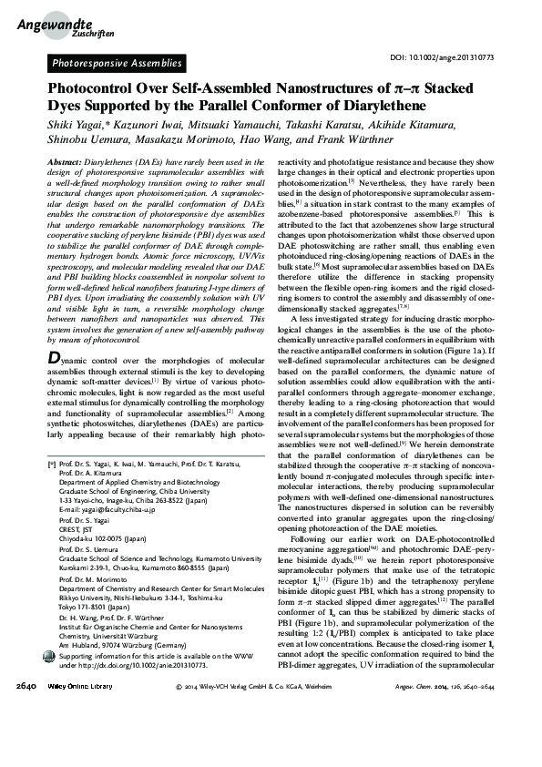 Pdf Photocontrol Over Self Assembled Nanostructures Of π π Stacked Dyes Supported By The