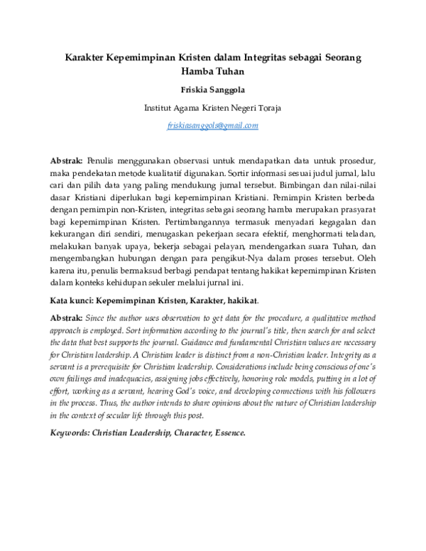 (PDF) Karakter Kepemimpinan Kristen dalam Integritas sebagai Seorang ...