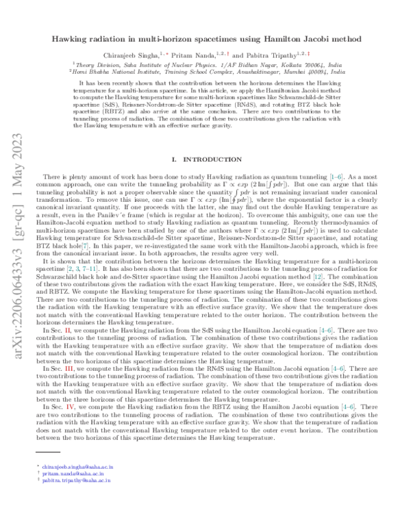 (PDF) Hawking radiation in multi-horizon spacetimes using Hamilton ...