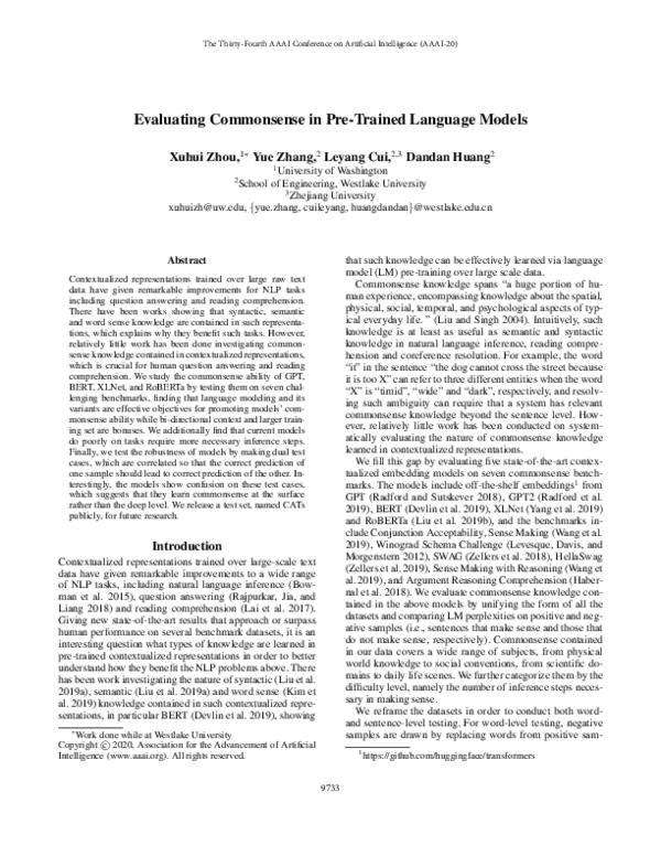 Pdf Evaluating Commonsense In Pre Trained Language Models Leyang Cui