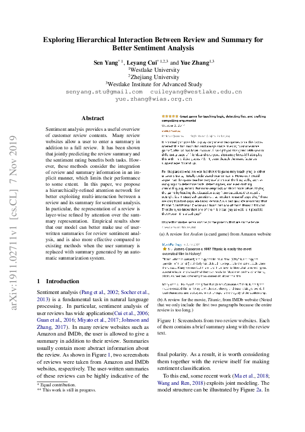 Pdf Exploring Hierarchical Interaction Between Review And Summary For Better Sentiment Analysis