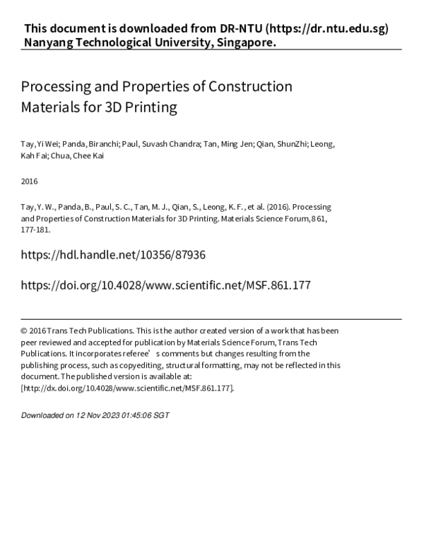(PDF) Processing and Properties of Construction Materials for 3D Printing