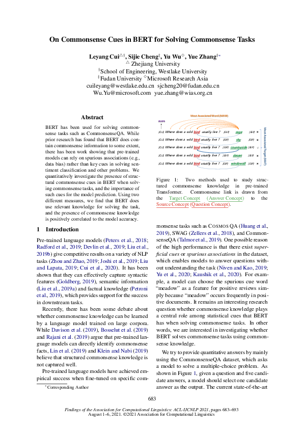 (PDF) On Commonsense Cues in BERT for Solving Commonsense Tasks