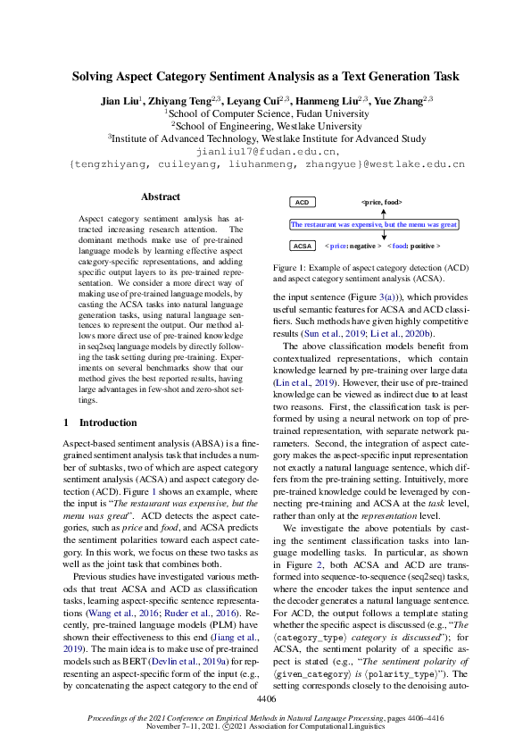 (PDF) Solving Aspect Category Sentiment Analysis as a Text Generation Task