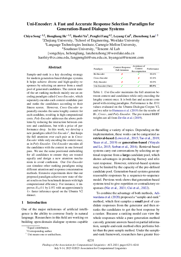 (PDF) Uni-Encoder: A Fast and Accurate Response Selection Paradigm for ... (PDF) Uni-Encoder: A Fast and Accurate Response Selection Paradigm for ...
