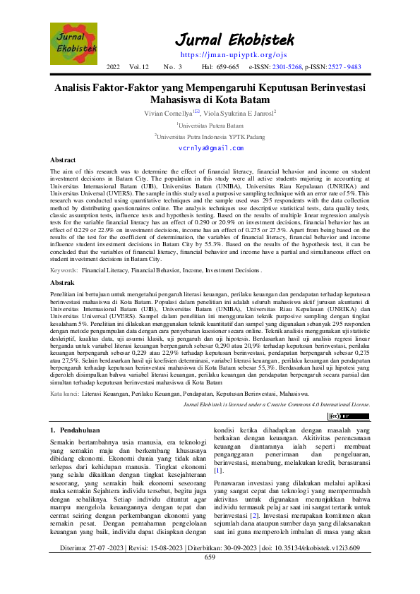 (PDF) Analisis Faktor-Faktor Yang Mempengaruhi Keputusan Berinvestasi Mahasiswa di Kota Batam