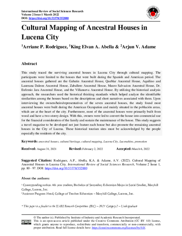 (PDF) Cultural Mapping of Ancestral Houses in Lucena City