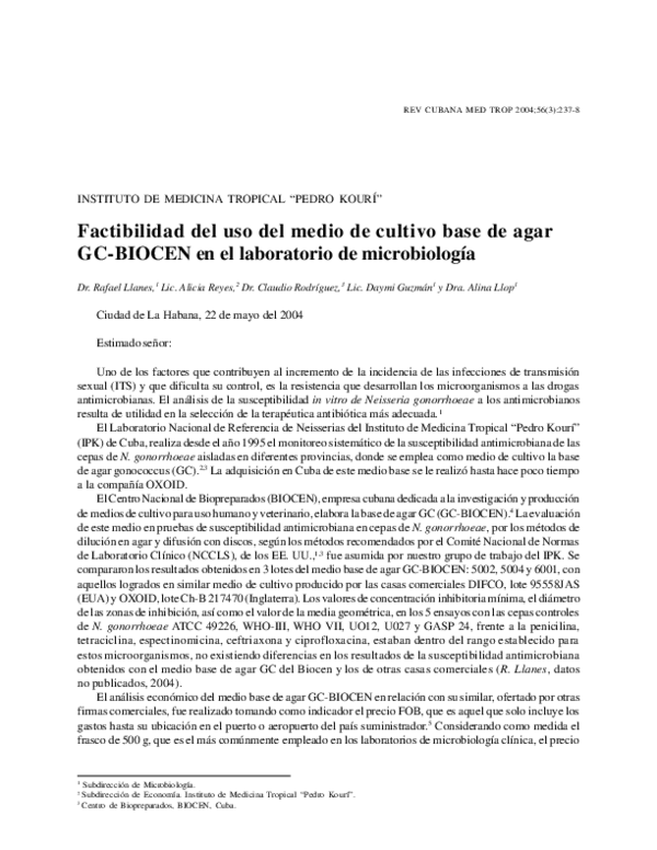 (PDF) Factibilidad del uso del medio de cultivo base de Agar GC-Biocen ...