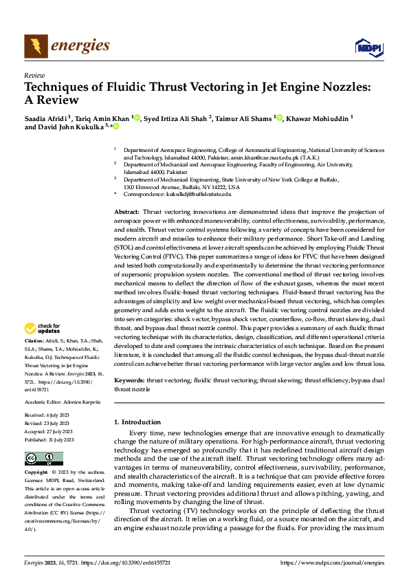 Pdf Techniques Of Fluidic Thrust Vectoring In Jet Engine Nozzles A Review David Kukulka