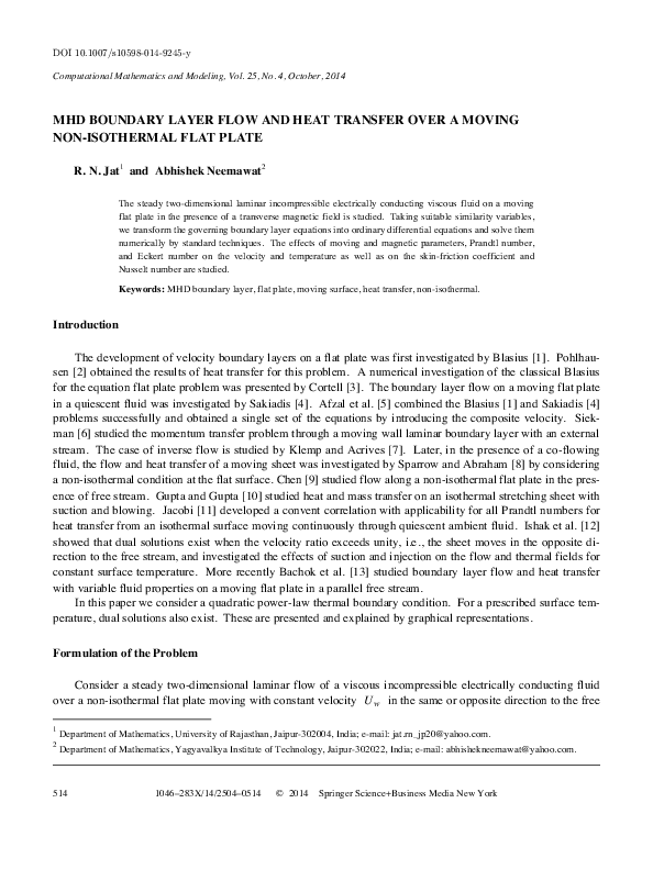 (PDF) MHD Boundary Layer Flow and Heat Transfer over a Moving Non-Isothermal Flat Plate