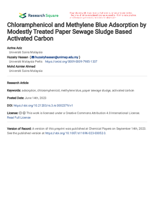 (PDF) Chloramphenicol and Methylene Blue Adsorption by Modestly Treated Paper Sewage Sludge ...