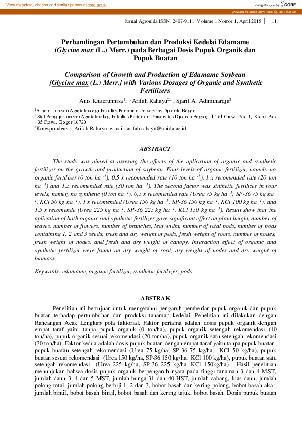 (PDF) Perbandingan pertumbuhan dan produksi kedelai edamame (Glycine max (L.) Merr.) pada ...