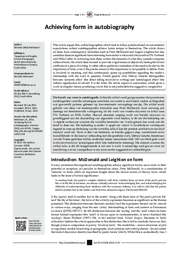 (PDF) Achieving form in autobiography | Nicholas Meihuizen - Academia.edu