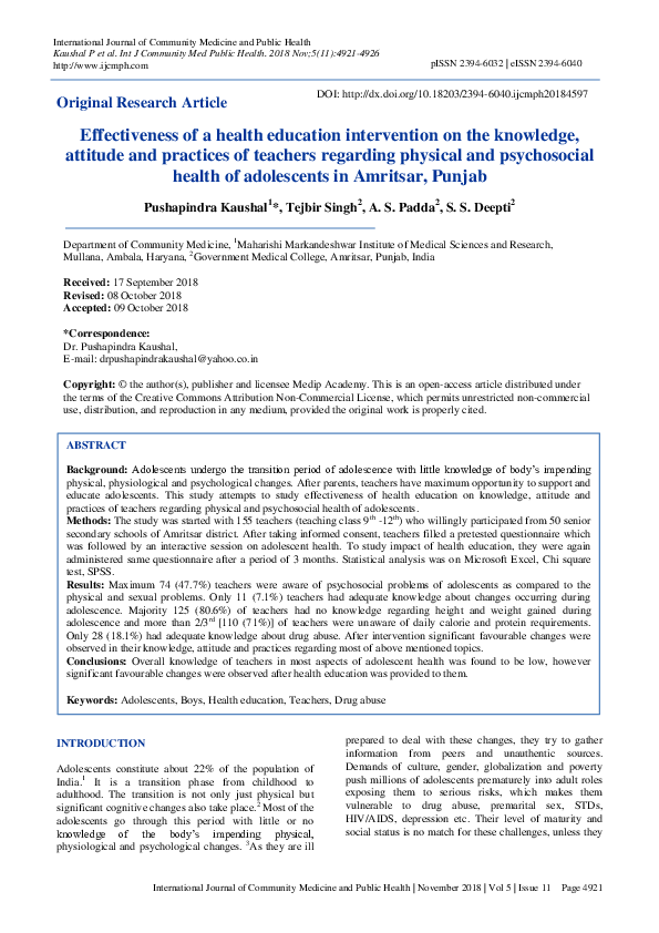 (PDF) Effectiveness of a health education intervention on the knowledge, attitude and practices ...