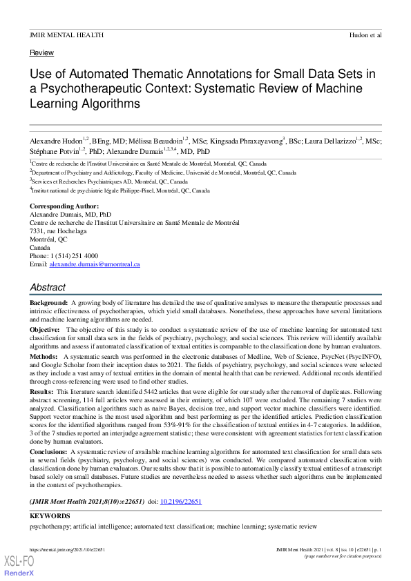 (PDF) Use of Automated Thematic Annotations for Small Data Sets in a Psychotherapeutic Context ...